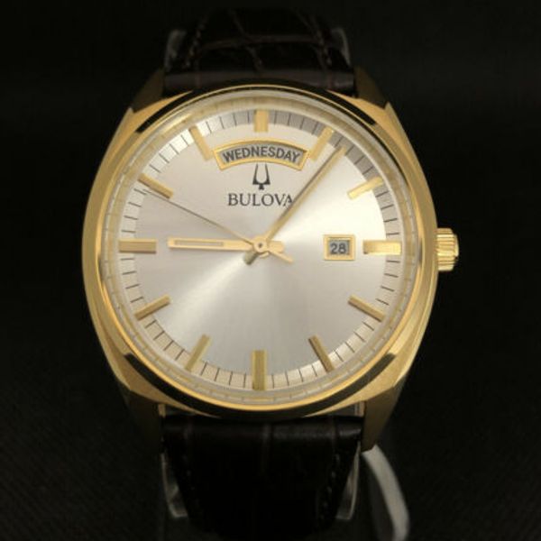 Bulova Men's Quartz Day-Date Calendar Gold Tone Leather Band 39 mm ...
