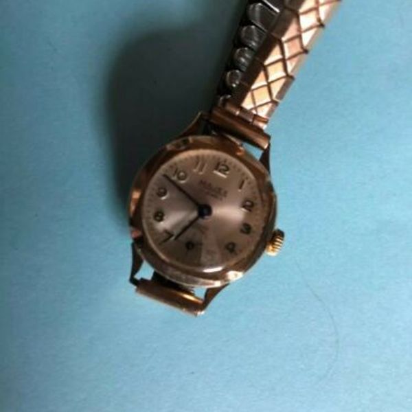 9ct GOLD Ladies Watch MAJEX 17 Jewels Watch 375 Strap Rolled Gold ...