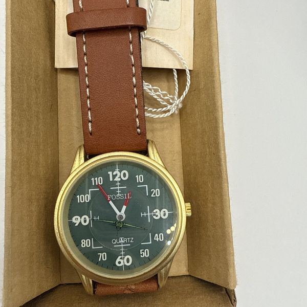 Vtg NEW OLD STOCK Fossil Pilot Watch Gold Tone Green Dial Leather RARE ...