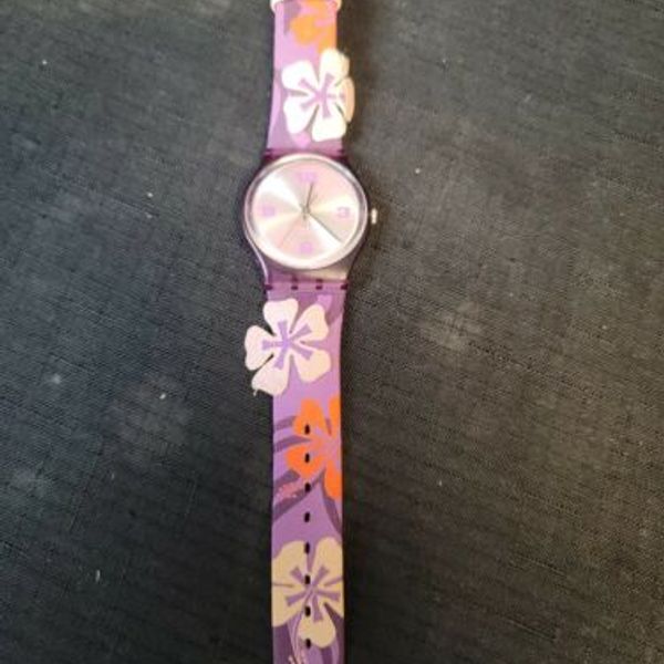 HIBISCUS FLOWER Swatch Watch AG 2001 S202 3D Band Clear Purple Case New ...