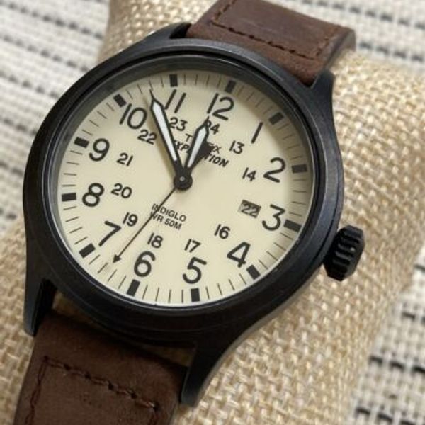 Timex Indiglo WR50m Mens Watch Date Black Case Cream Dial Brown Leather Strap | WatchCharts ...