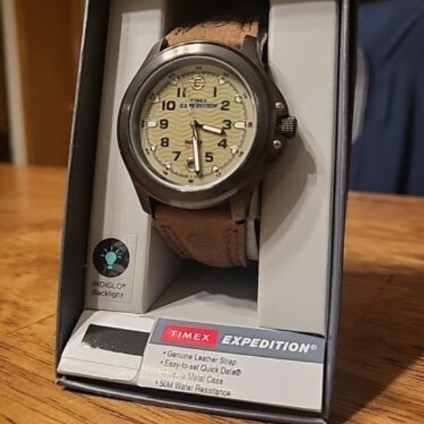 Timex Expedition Metal Field Watch Brown Leather Rare Olive Green Dial ...
