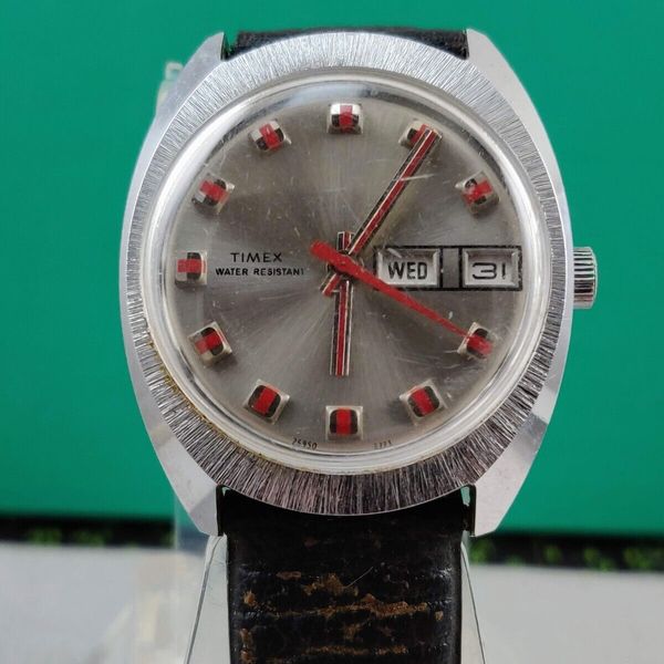 Vintage (1972) Mechanical Timex Marlin w. Red Accents Day/Date Watch ...