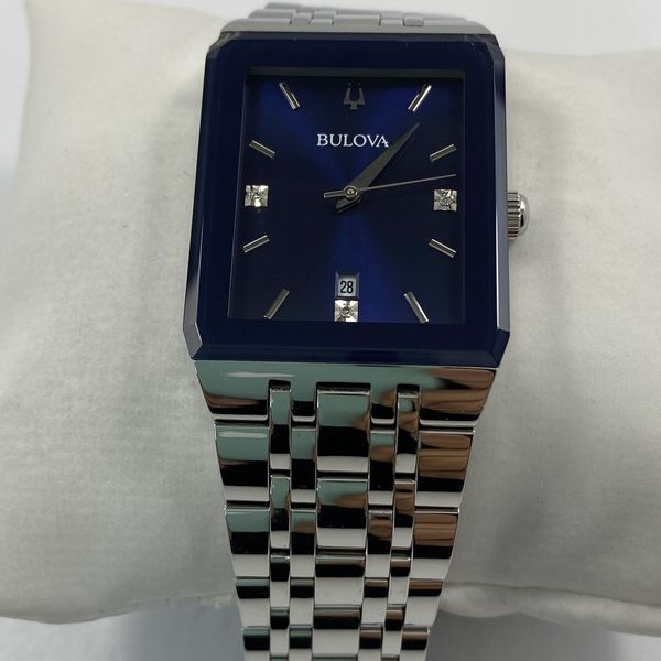 Bulova Quadra Diamond Accent Blue Dial Stainless Steel Men's Watch ...