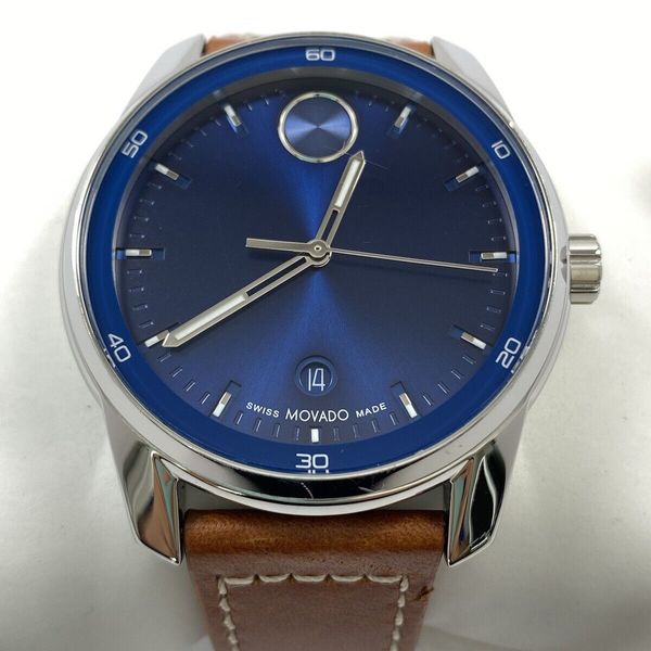 Movado Bold Verso SWISS Quartz Blue Dial Brown Leather Strap Men's ...