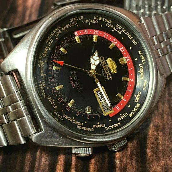 RARE Vintage Watch Orient SK Sea King World Time Crystal Black Face ...