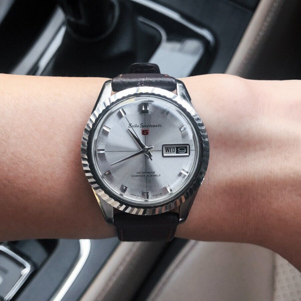 Seiko Sportmatic 5 6619-8090 Red Logo Fluted Bezel Silver Sunburst ...