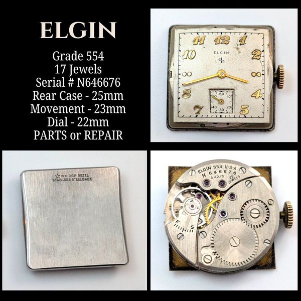 1940s ELGIN 554 N646676 Art Deco 17j 25mm Watch Movement Rear Case ...