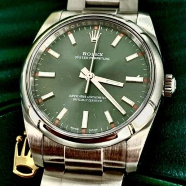 Rolex Oyster Perpetual 114200 Olive Green Dial Unisex Watch For Ladies ...