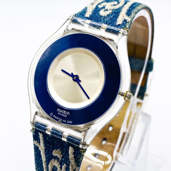 Vintage SWATCH Ultra Thin Floral Blue Denim Wrist Watch Quartz Skin Y2K ...