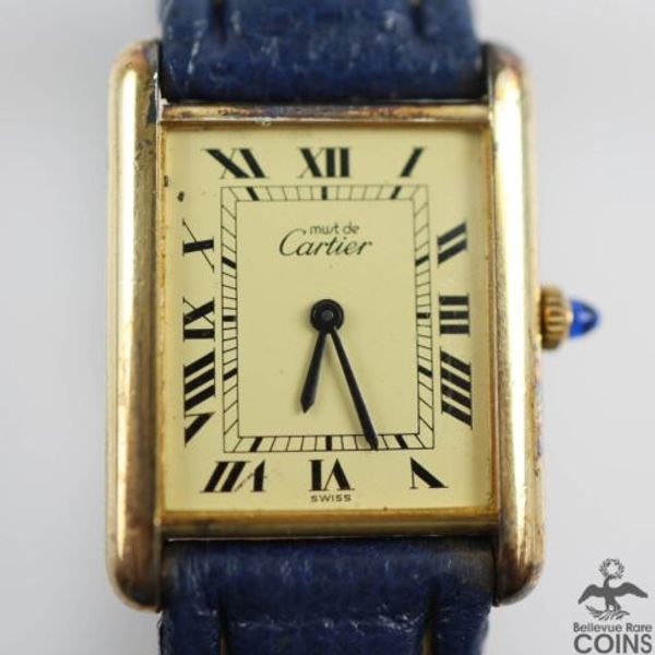 CARTIER Tank Gold-Toned Sterling Silver Blue Leather Strap Ladies Watch ...