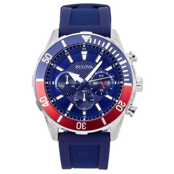 Bulova Sports Chronograph Men's Quartz Watch Blue Dial Silicone 100M ...
