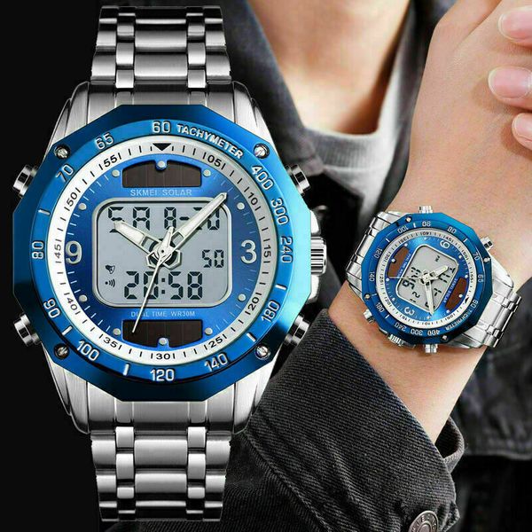 MENS SOLAR POWERED WATERPROOF WATCH Digital Sport Analog Stainless ...