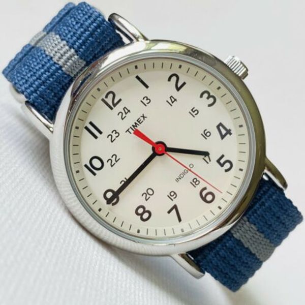 Timex Weekender Indiglo 38mm Men's Silver Tone Watch Blue Gray Strap ...