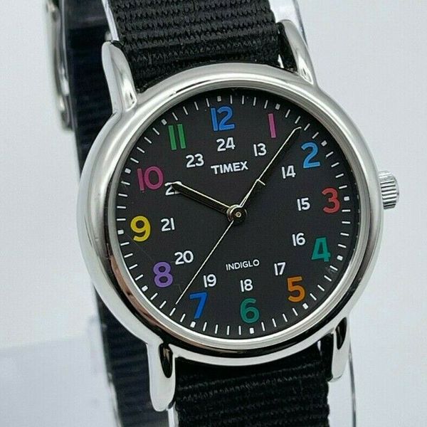 Women's TIMEX Weekender Black Dial, Rainbow Numbers, Indiglo, Silver ...