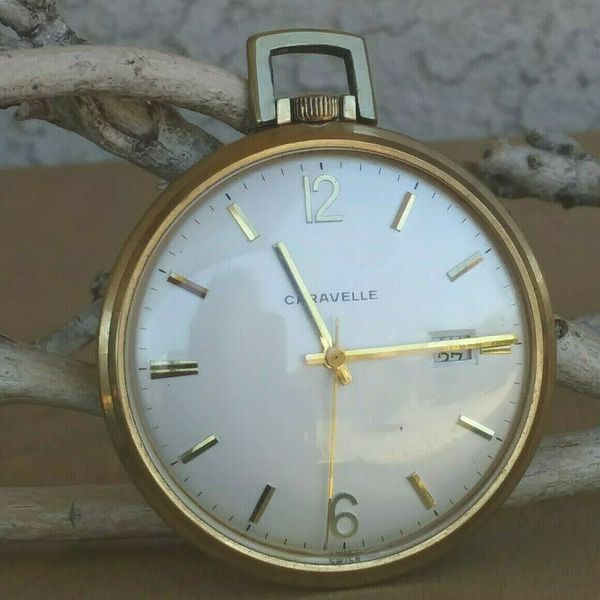 Vintage Caravelle Swiss Gold Tone Date Window Pocket Watch MECHANICAL ...