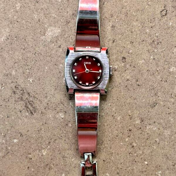 ORIS Metallic Red-Dial Watch, Ladies. Swiss Made, Steel Band. Needs new ...