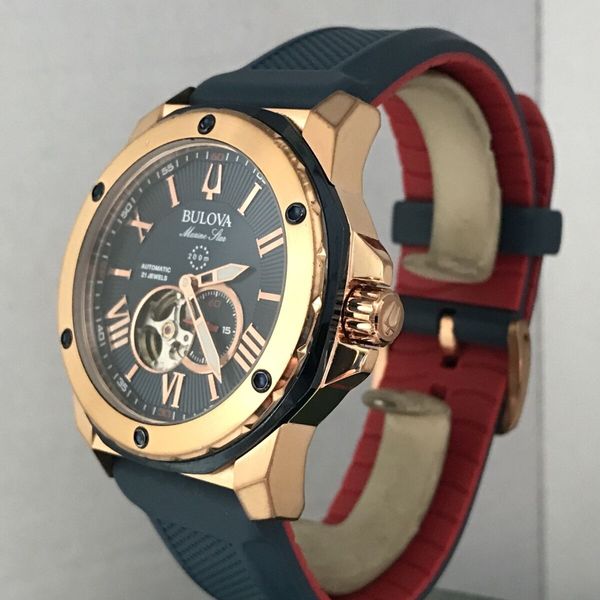 Bulova Menâ s Marine Star Automatic Rose Gold PVD Blue & Red R.Strap ...