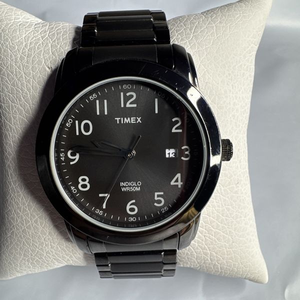 Timex Indiglo Menâ s Watch 39mm WR50M Date Black Case Black Band New ...