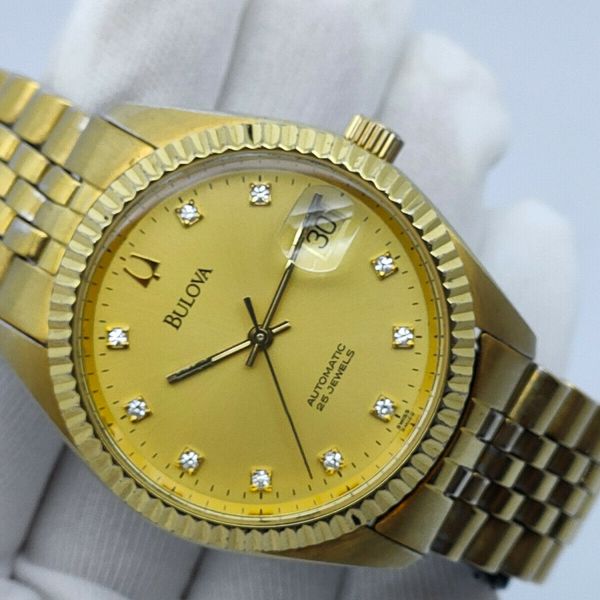 PRE OWNED BULOVA DATE FLUTED BEZEL GOLD PLATED 1D29M SWISS MADE 25 ...