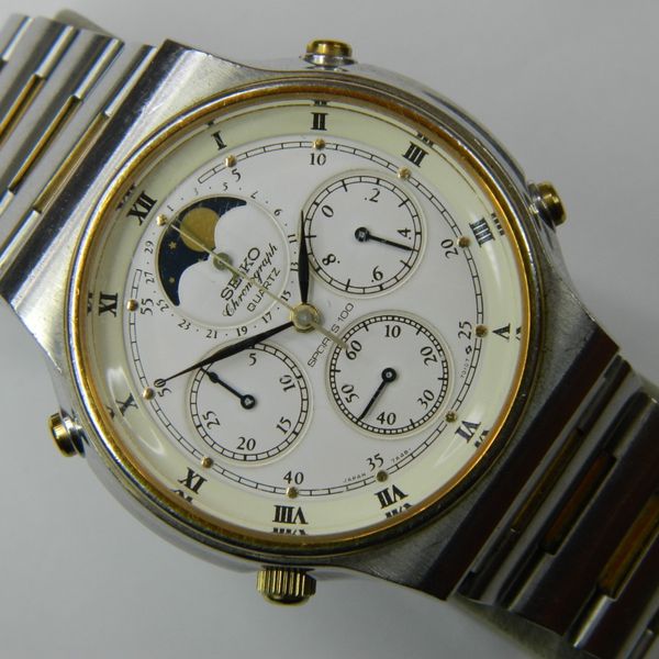 VINTAGE SEIKO 7A48 MOONPHASE SPORTS 100 CHRONOGRAPH MENS GOLD SS WATCH ...
