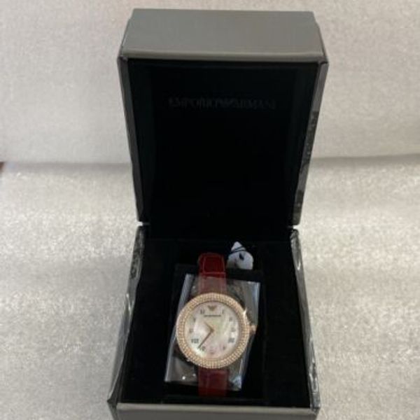 Emporio Armani Ladies Red Leather Strap Watch with Mother Of Pearl Face ...