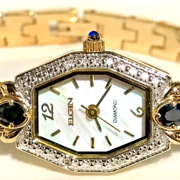 Vintage Elgin Quartz Genuine Diamonds Blue Sapphire Ladies Dress Watch ...