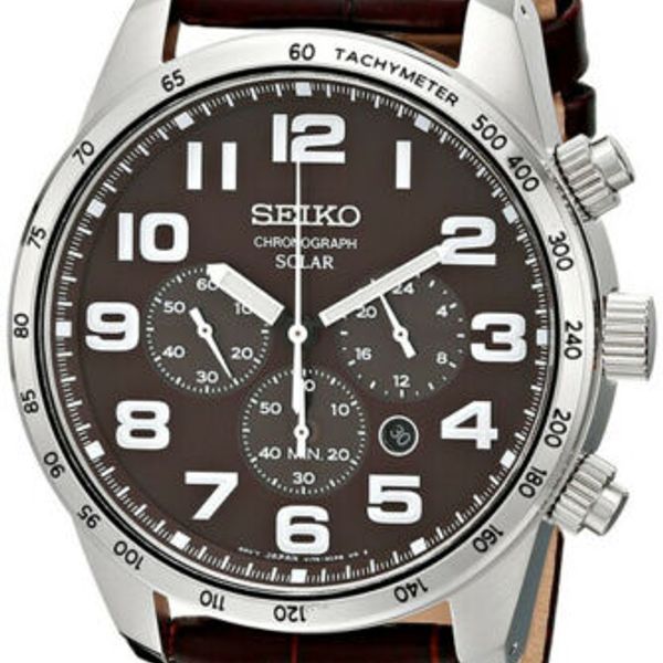Seiko Men's Solar Chronograph 100m Stainless Steel/Brown Leather Watch ...