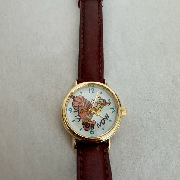 Timex Pooh Tigger "Ta Ta For Now" Watch Brown Genuine Leather Band Gold ...