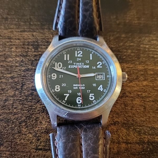 Timex Expedition Indiglo WR50 Men's Deep Green Gen Leather Runs New ...
