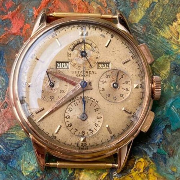 UNIVERSAL GENEVE TRI-COMPAX MOON PHASE JUMBO 18KT ROSE GOLD WATCH 12553 ...