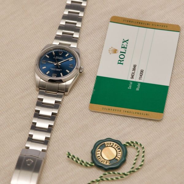 Rolex Oyster Perpetual 114200 Blue 3-6-9 Dial 34mm â 2018 Card & CoSC ...