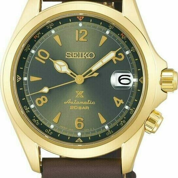 Seiko Men's Alpinist Green Dial Gold PVD Steel Leather Strap Watch ...