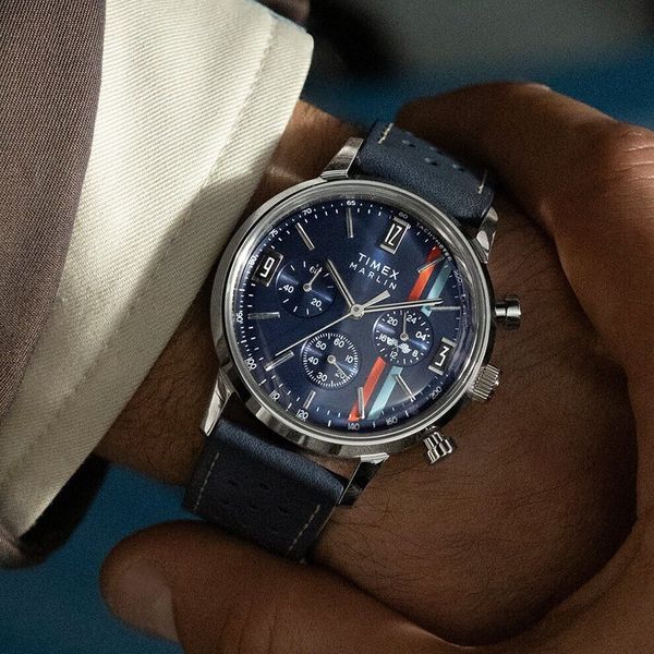 Timex Marlin Chronograph Tachymeter with racing strip Leather Watch ...