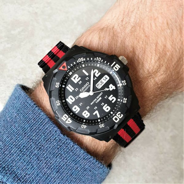 Modified Casio Dive Watch with Red and Black Nato Strap (MRW-200H-1BVES ...