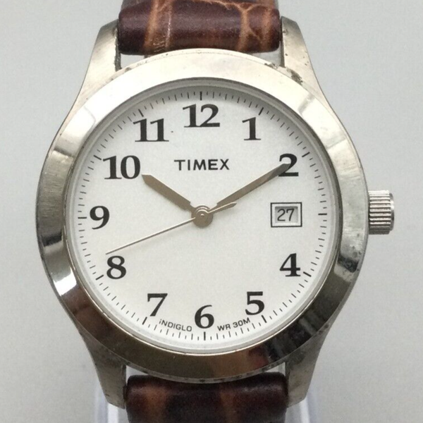 Timex Watch Unisex 36mm Indiglo Silver Tone Date Leather Band New ...