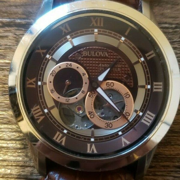 BULOVA BVA 96A120 Wrist Watch For Men w/Brown Genuine Leather Band ...