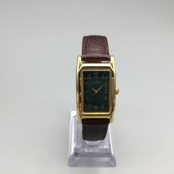 Guess 1995 Tank Womens Watch 22mm Green Dial Gold Tone Brown Leather ...
