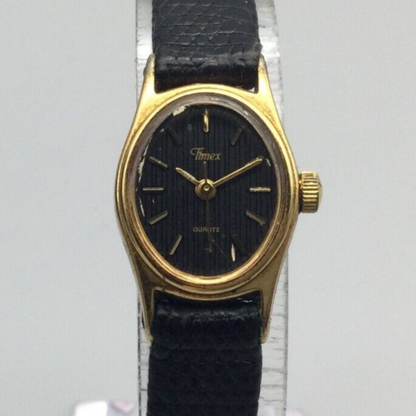 Vintage Timex Watch Women 17mm Gold Tone Black Oval Dial Leather New ...