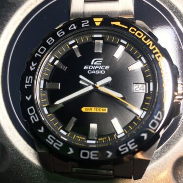 CASIO EDIFICE ANALOG BLACK DIAL YELLOW QUARTZ COUNTDOWN IP BLACK BEZEL ...