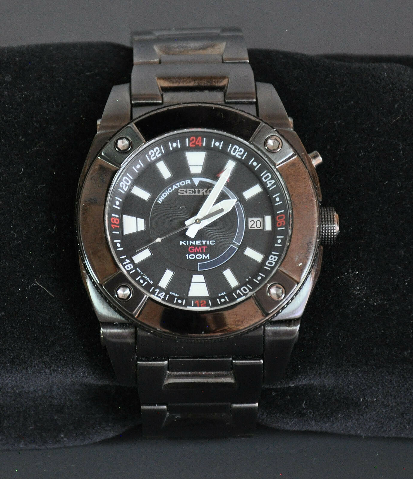 SEIKO Men's Kinetic GMT Black Ion Watch SUN007 100 Meters New Capacitor ...