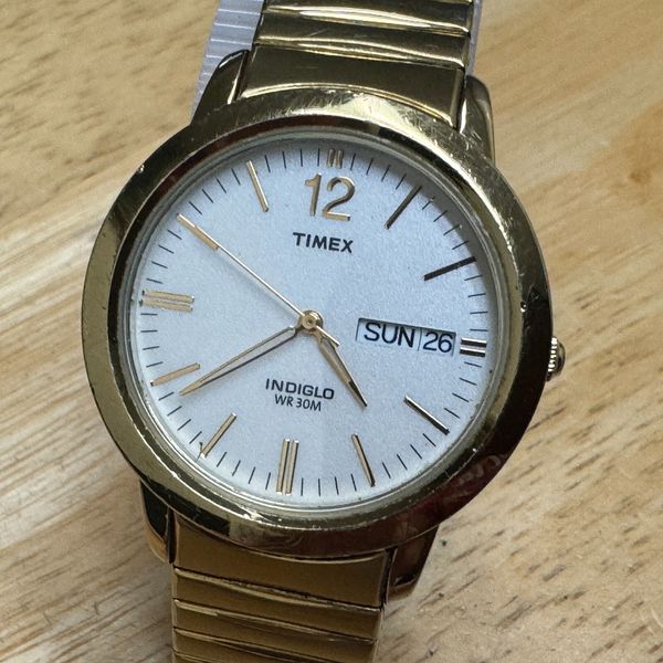 Timex Indiglo Quartz Watch Men 30m Gold Tone Day Date Stretch Analog ...