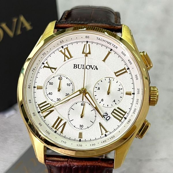 Bulova Wilton Classic 46mm White Dial Brown Leather Quartz Men's Watch ...