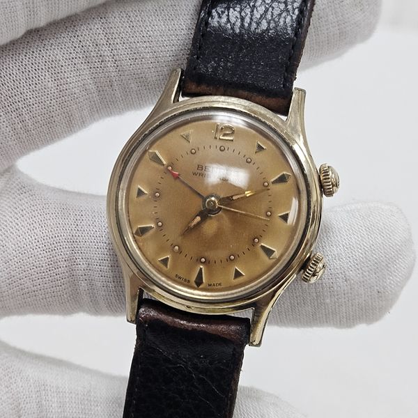 Vintage Mens Benrus Mechanical Wrist Alarm Dress Watch Gold Tone Case ...