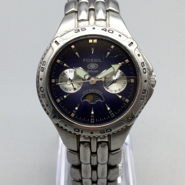 Fossil Blue Moon Phase Watch Women 34mm BQ-9139 Silver Tone New Battery ...