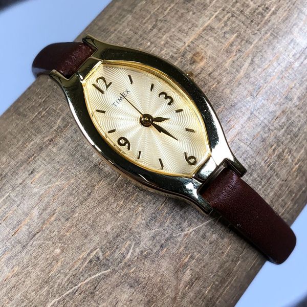 Timex Women Gold Tone Dial Brown Leather 18mm Oval Quartz Analog Watch ...