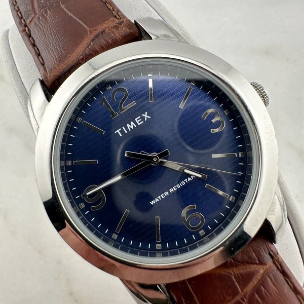 Timex Mens Watch TW2R86800 Blue Dial, Leather Brown Band - New Battery ...