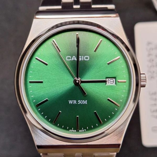 Casio MTP-B145D-3A Silver Stainless Steel Green Dial Retro Men Watches ...