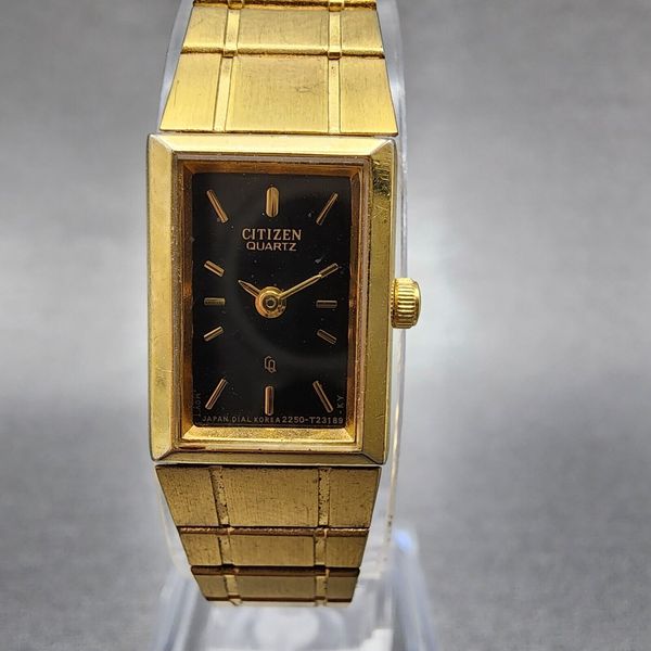 VTG Citizen CQ Tank Watch Women 13mm Black Dial Gold Tone Rectangle New ...