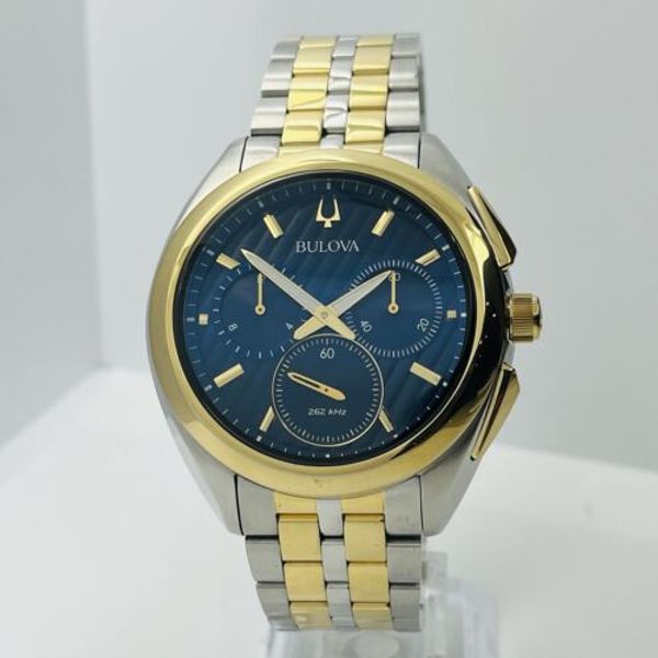 Bulova CURV Men's Sapphire Crystal Blue Dial Two Tone 44mm Steel Watch ...